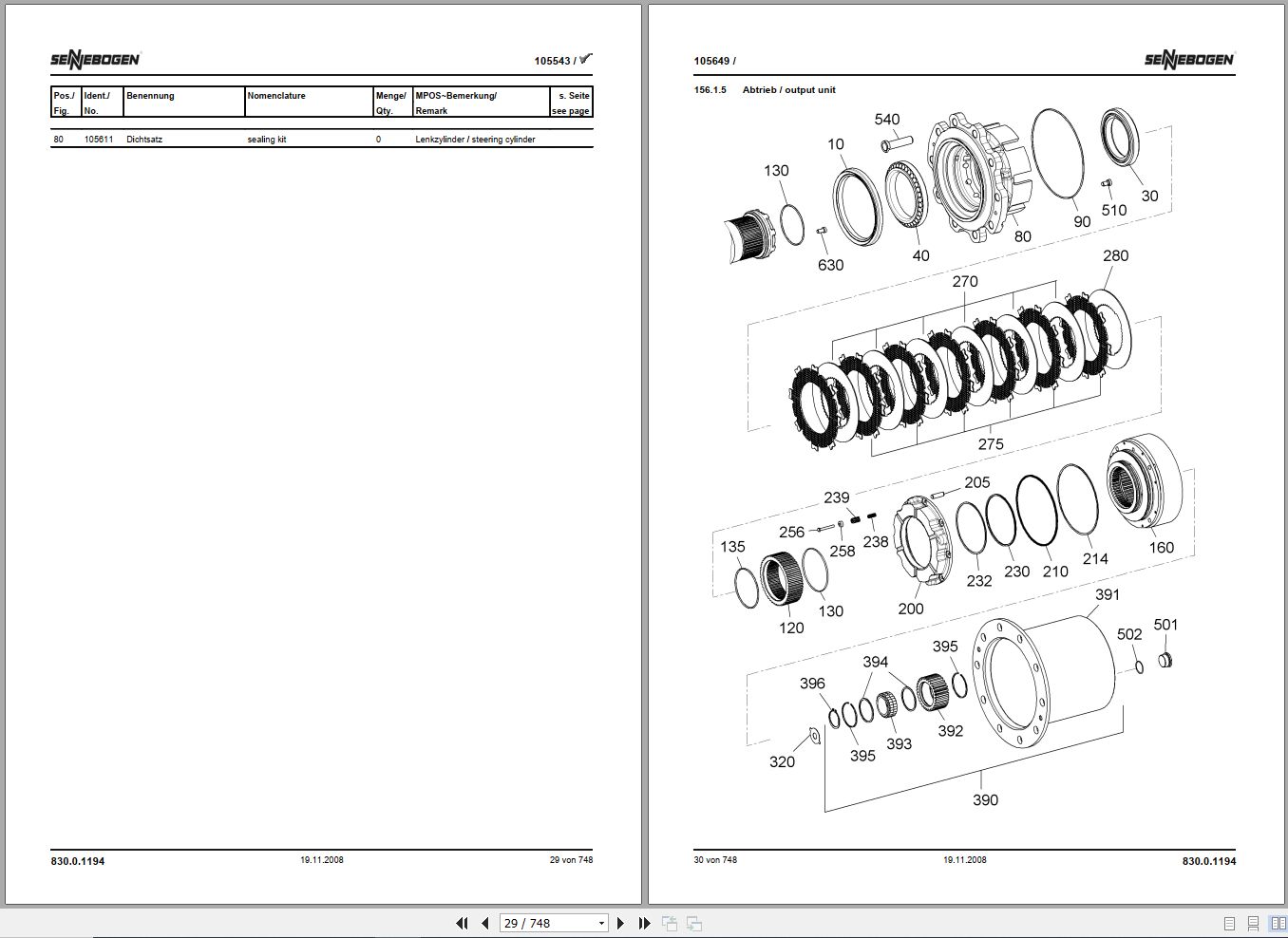 Sennebogen Material Handlers 830 830.0.1194 Spare Parts Catalog EN DE
