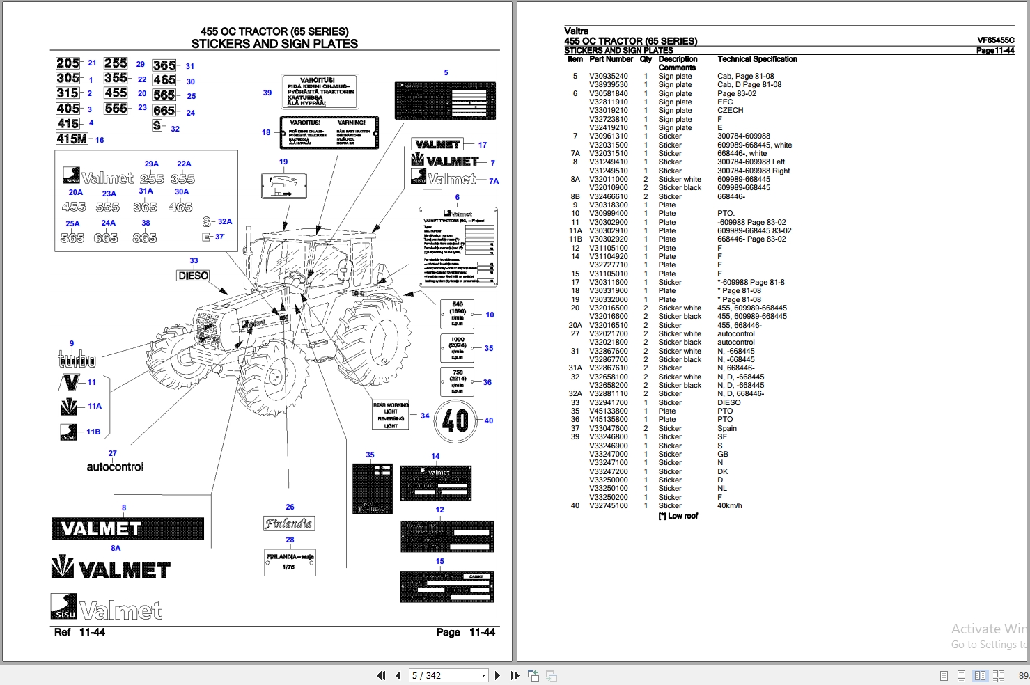Valtra Tractor 65 Series 455 OC Parts Catalog VF65455C