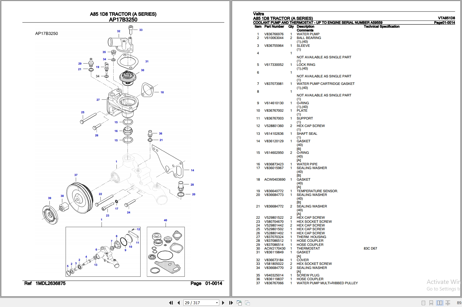 Valtra Tractor A Series A85 1D8 Parts Catalog VTA851D8