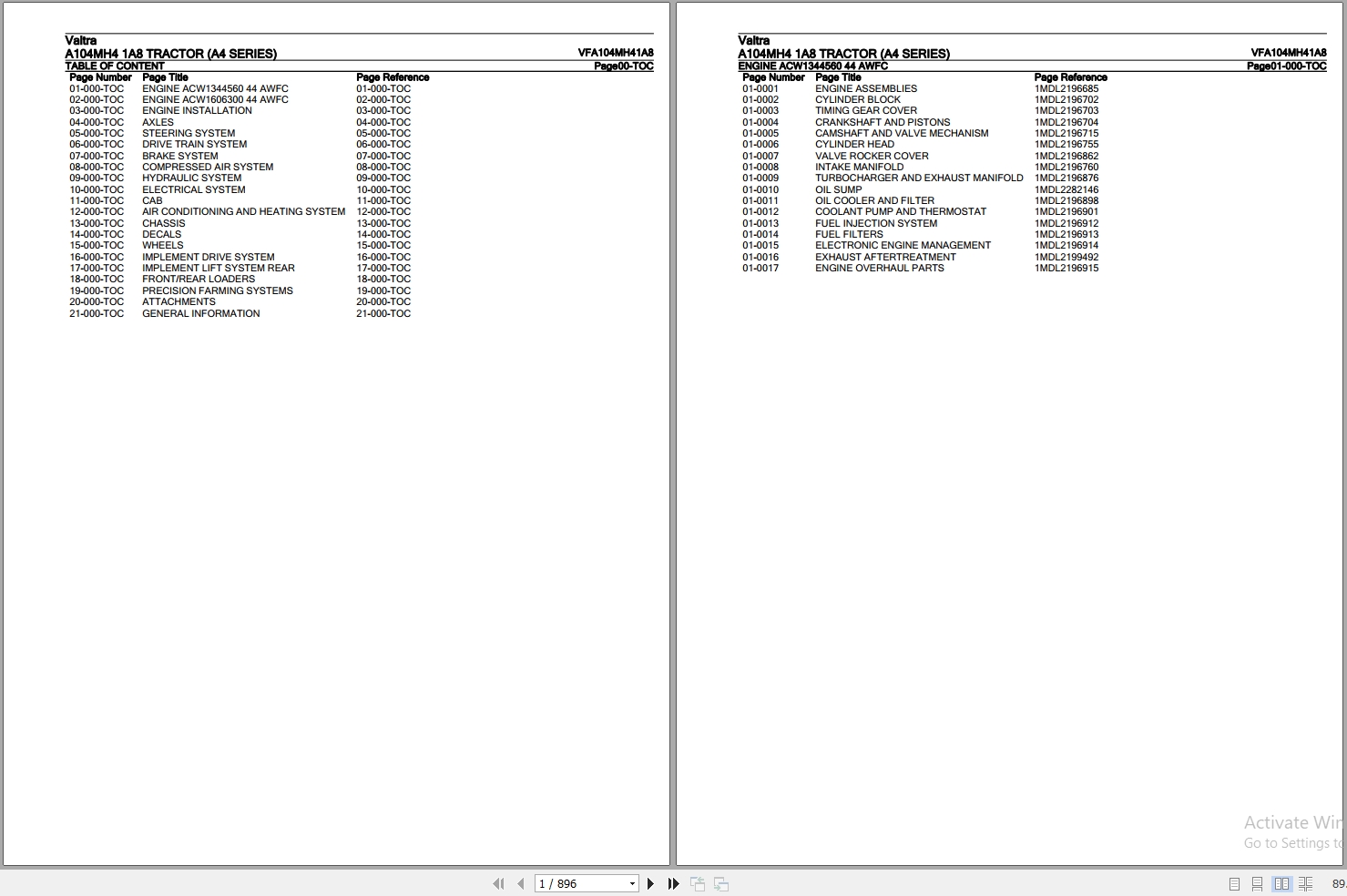 Valtra Tractor A4 Series A104MH4 1A8 Parts Catalog VFA104MH41A8
