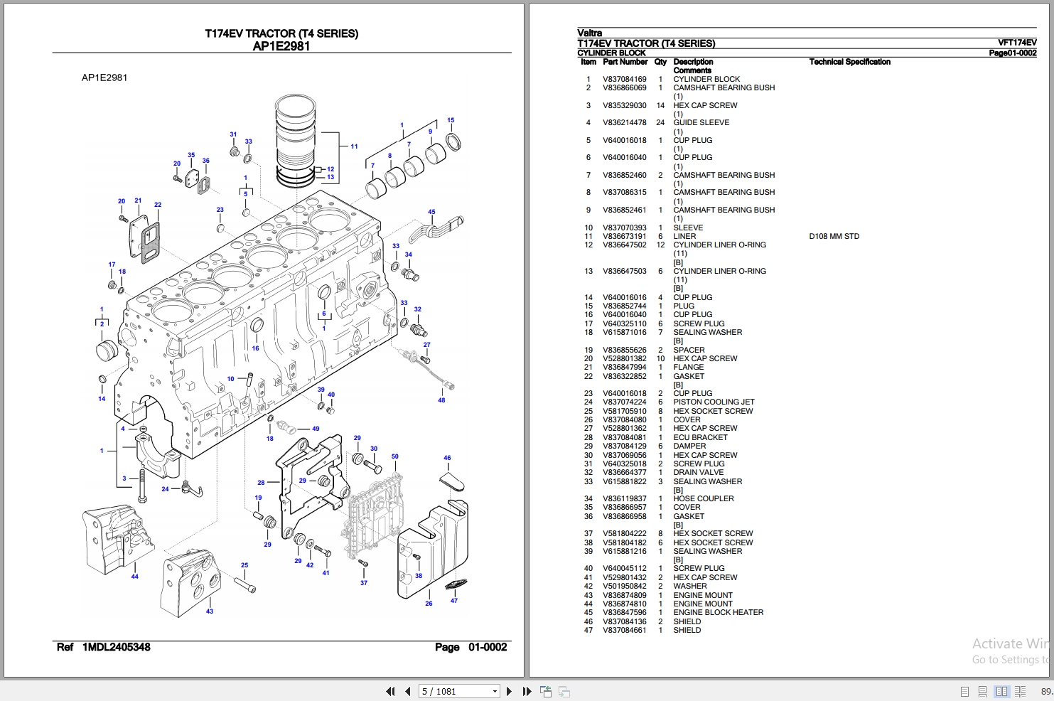 Valtra Tractor T4 Series T174EV Parts Catalog VFT174EV