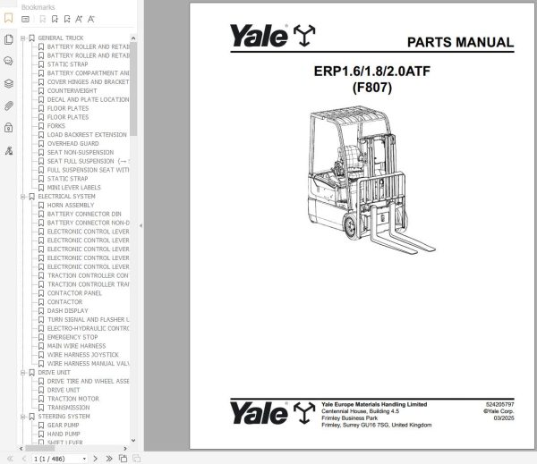 Yale Forklift F807 ERP1.6ATF ERP1.8ATF ERP2.0ATF Parts Service Manual 2025