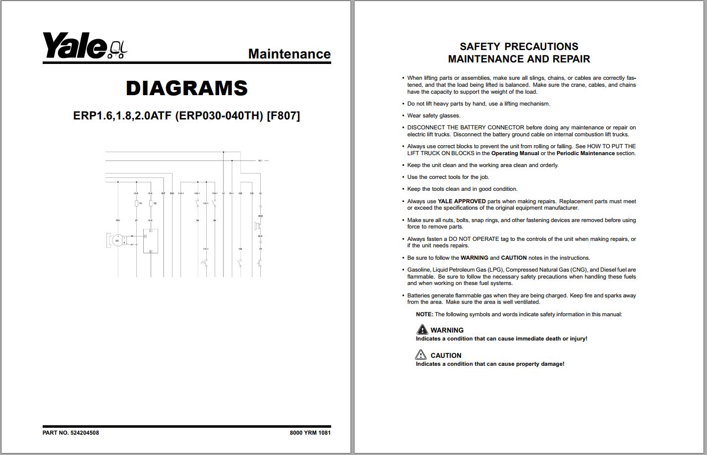 Yale Forklift F807 ERP1.6ATF ERP1.8ATF ERP2.0ATF Parts Service Manual 2025