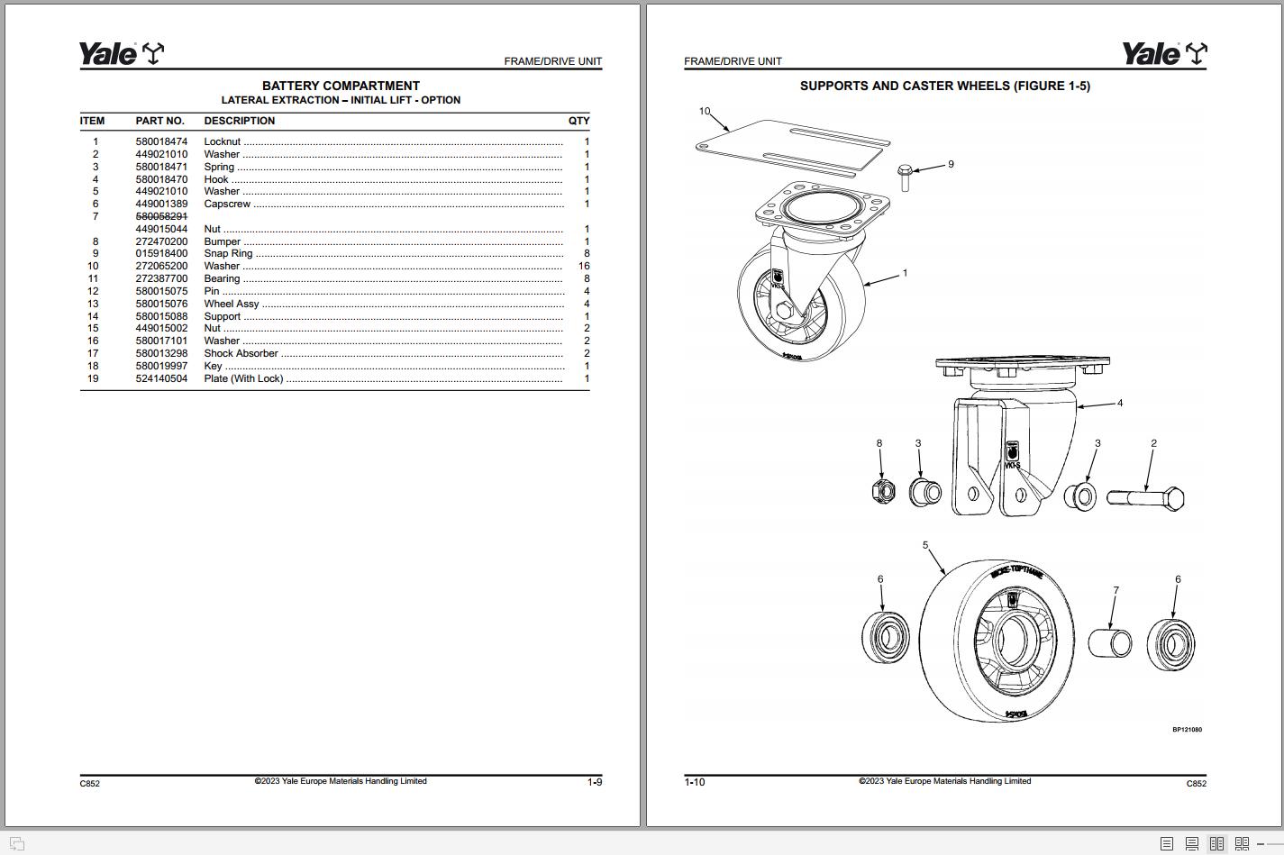 Yale Pallet Truck C852 MS14 AC MS16 AC MS14 IL MS16 IL Parts Manual 524336822 2023