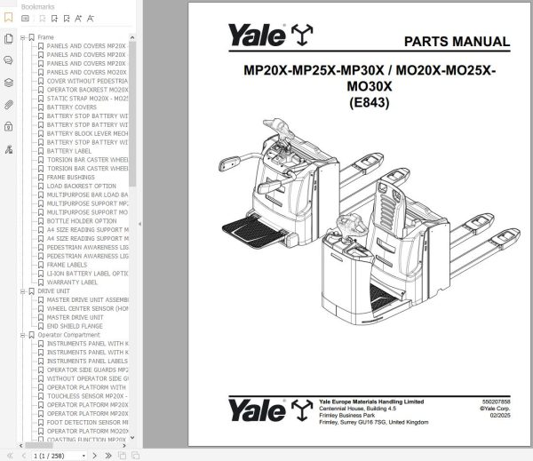 Yale Pallet Truck E843 MP20X MP25X MP30X Parts Service Manual 2025
