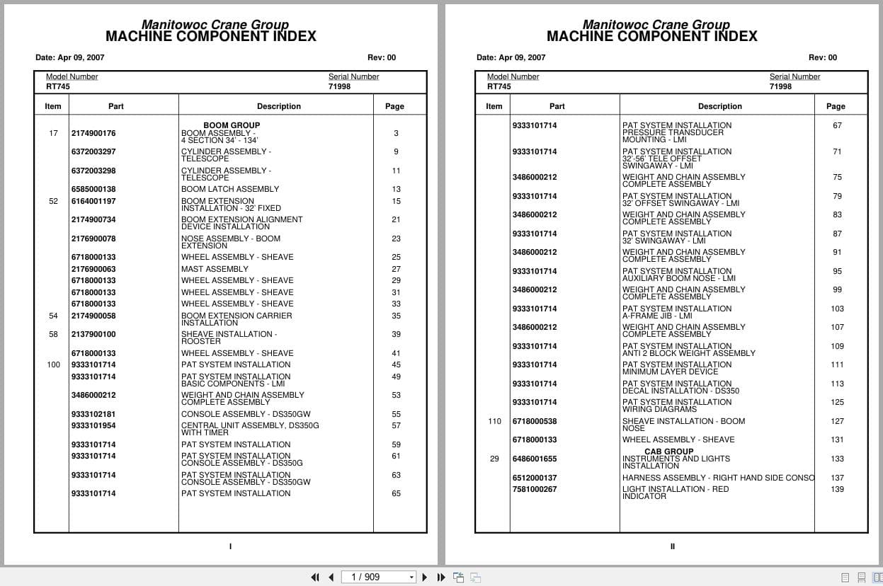 Grove Crane RT745 71998 Parts Manual 2007