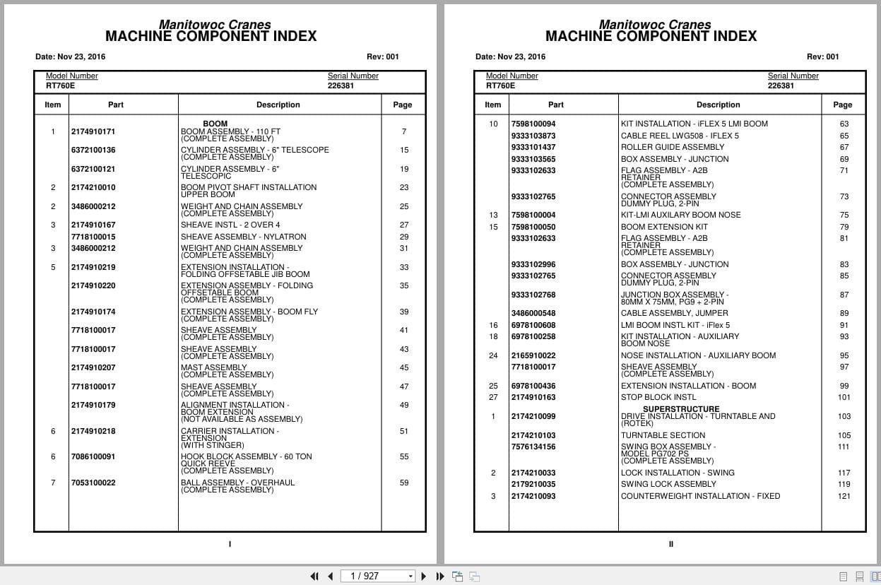 Grove Crane RT760E 226381 Parts Manual 2016