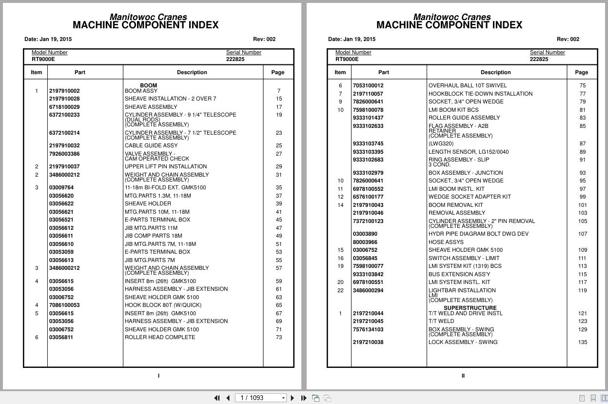 Grove Crane RT9000E 222825 Parts Manual 2015