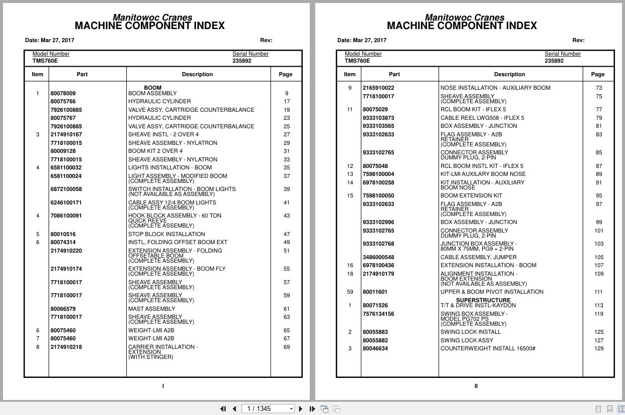Grove Crane TMS760E 235892 Parts Manual 2017