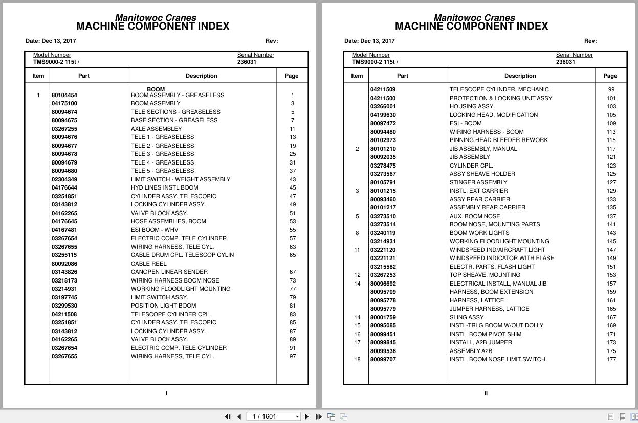 Grove Crane TMS9000-2 115t 236031 Parts Manual 2017
