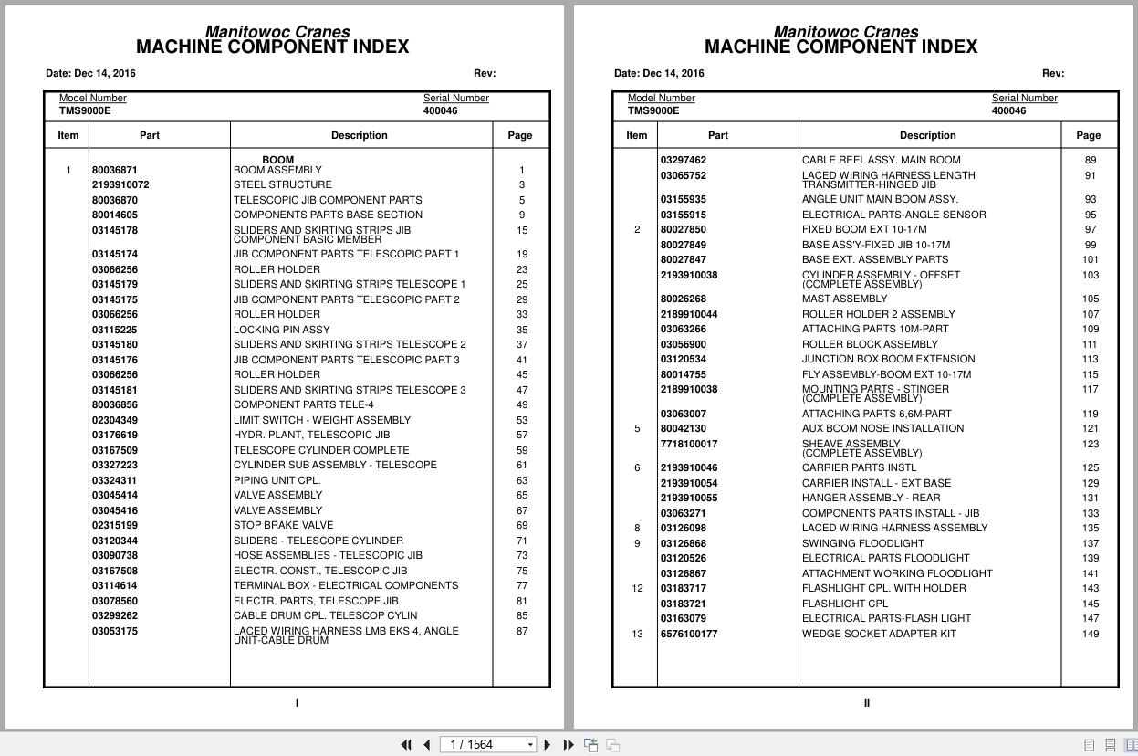 Grove Crane TMS9000E 400046 Parts Manual 2016