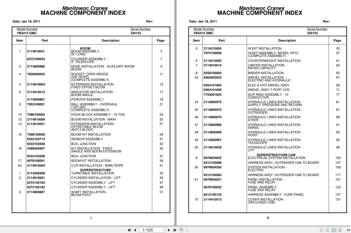 Grove Crane YB4415 GMC 320153 Parts Manual 2011