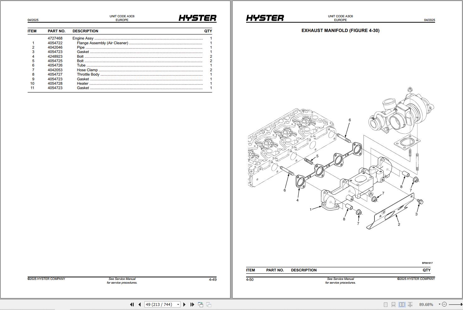 Hyster Forklift H4.0UT H4.5UT H5.0UT H5.0UTS6 A3C6 Parts Catalog ...