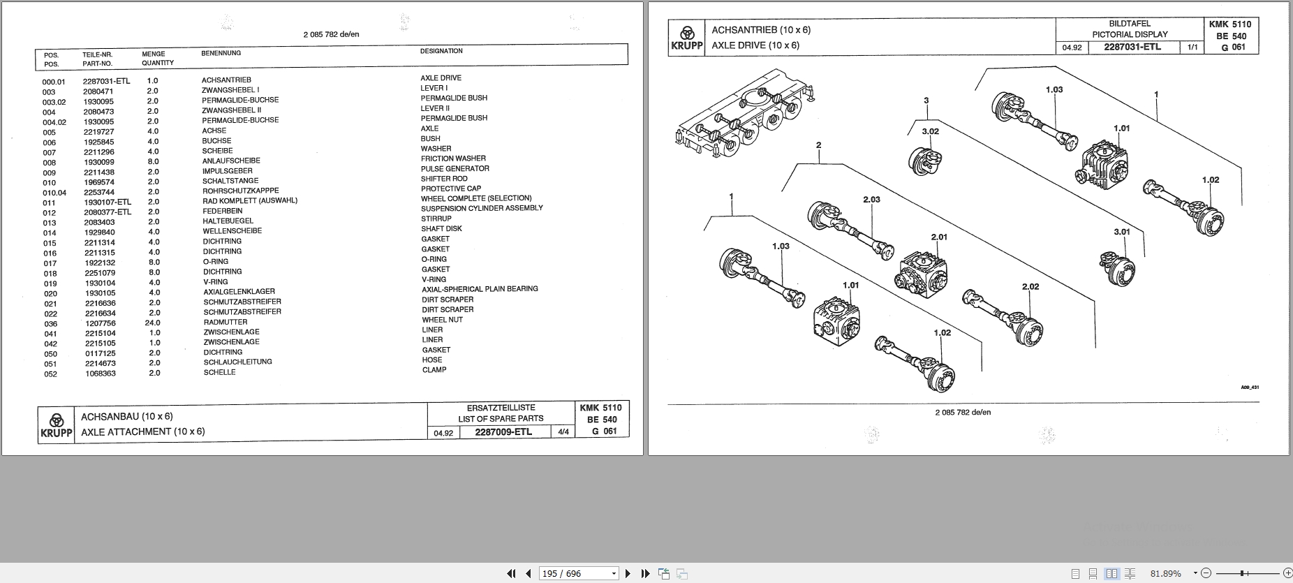 Krupp Crane KMK 5110 Spare Parts List 2085782 1992 DE EN