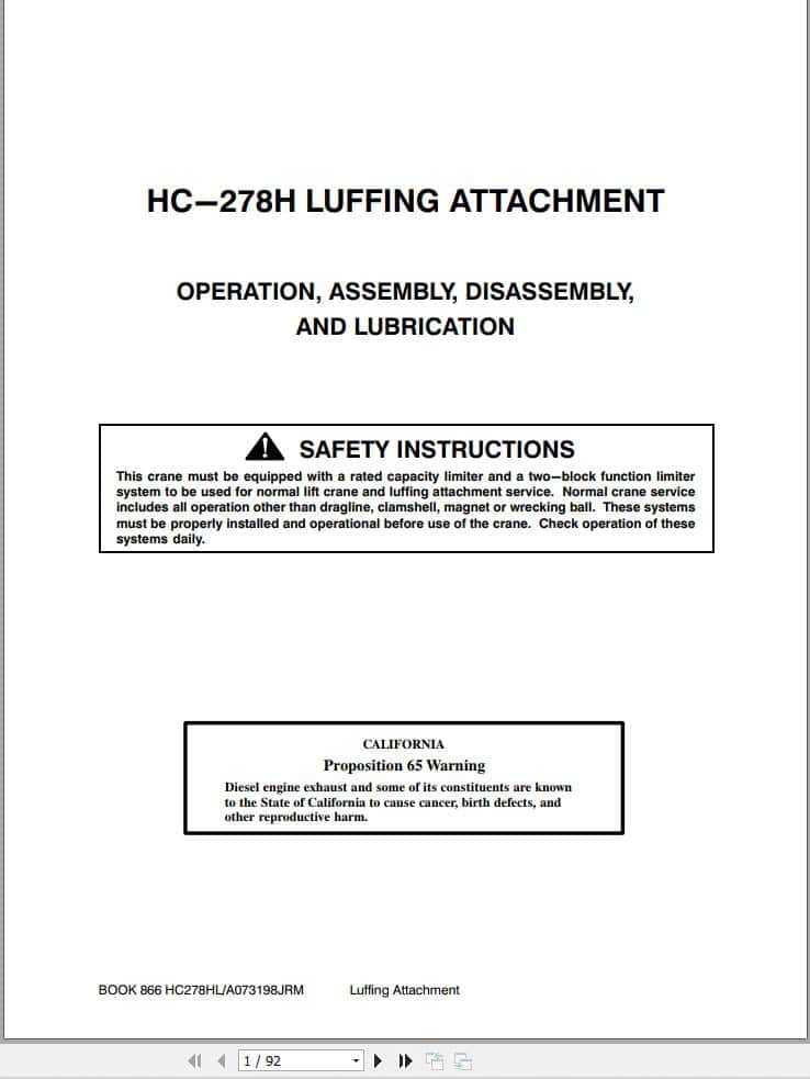 Link Belt Crane HC-278H Luffing Attachment Operation Manual