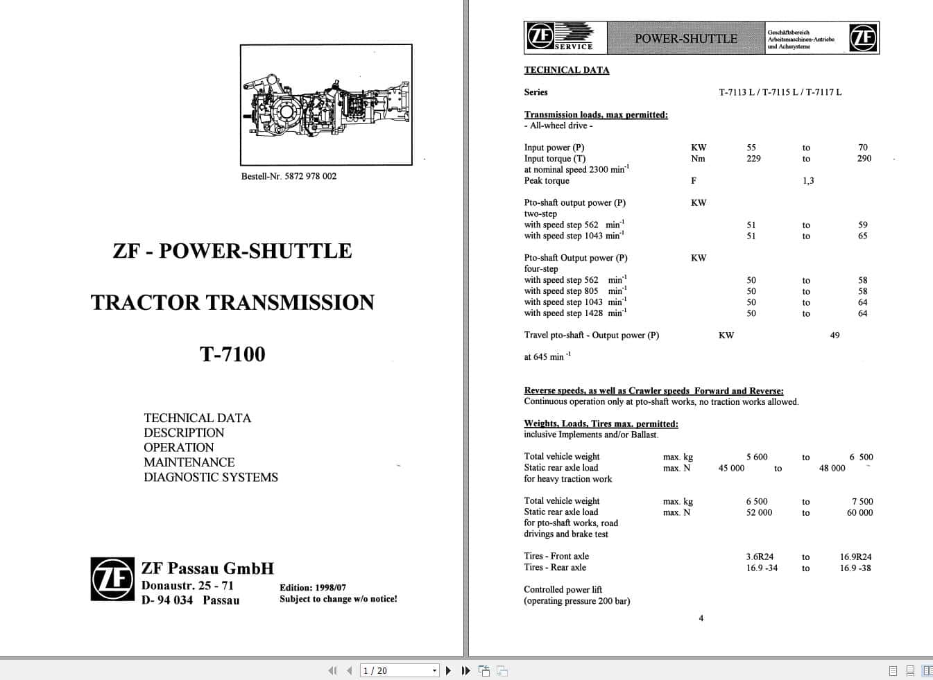 ZF Power-Shuttle Transmission T-7100 Maintenance Manual