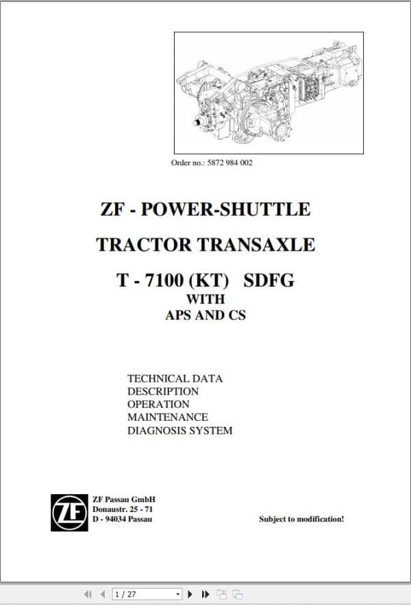 ZF Power-Shuttle Transmission T-7100 SDFG Maintenance and Repair Manual