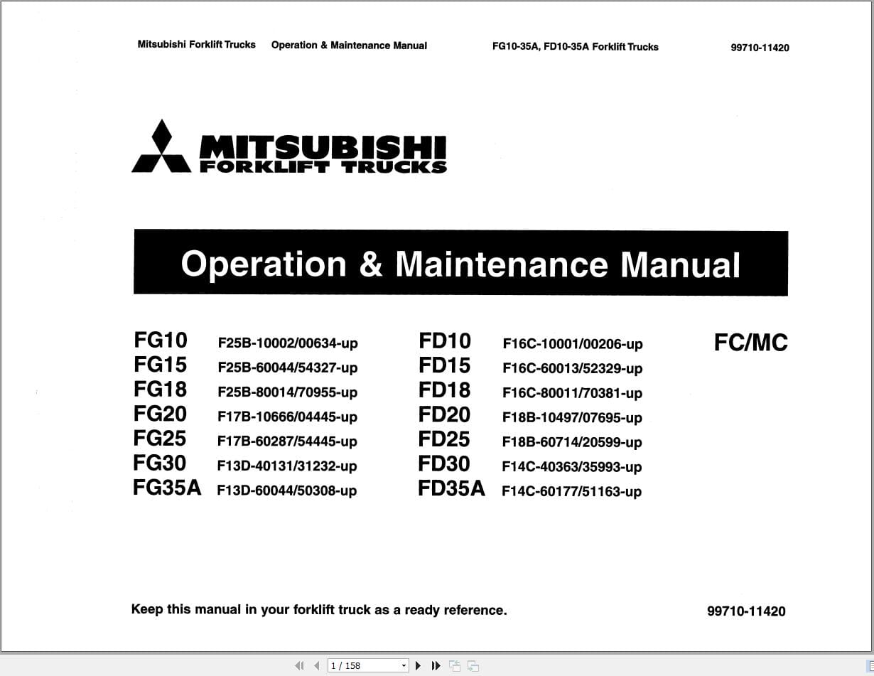 Mitsubishi Forklift FG15 FG18 FG20 FG30 Service Operation Manual