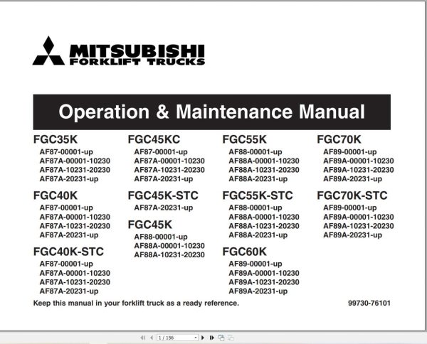 Mitsubishi Forklift FGC45K STC Service Operation Manual 12.2022