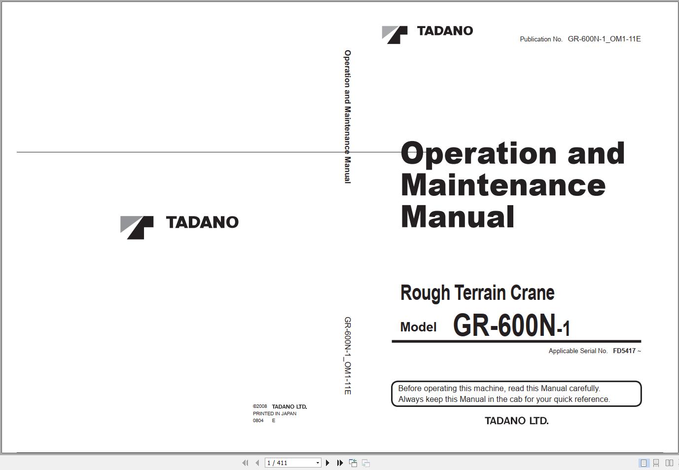 Tadano Crane GR-600N-1 Parts and Operation Training Manual EN JP