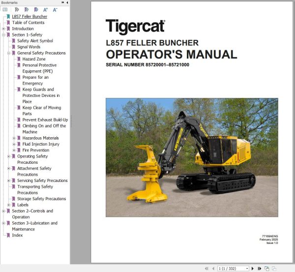 Tigercat Feller Buncher L857 Operation Manual 77169AENG