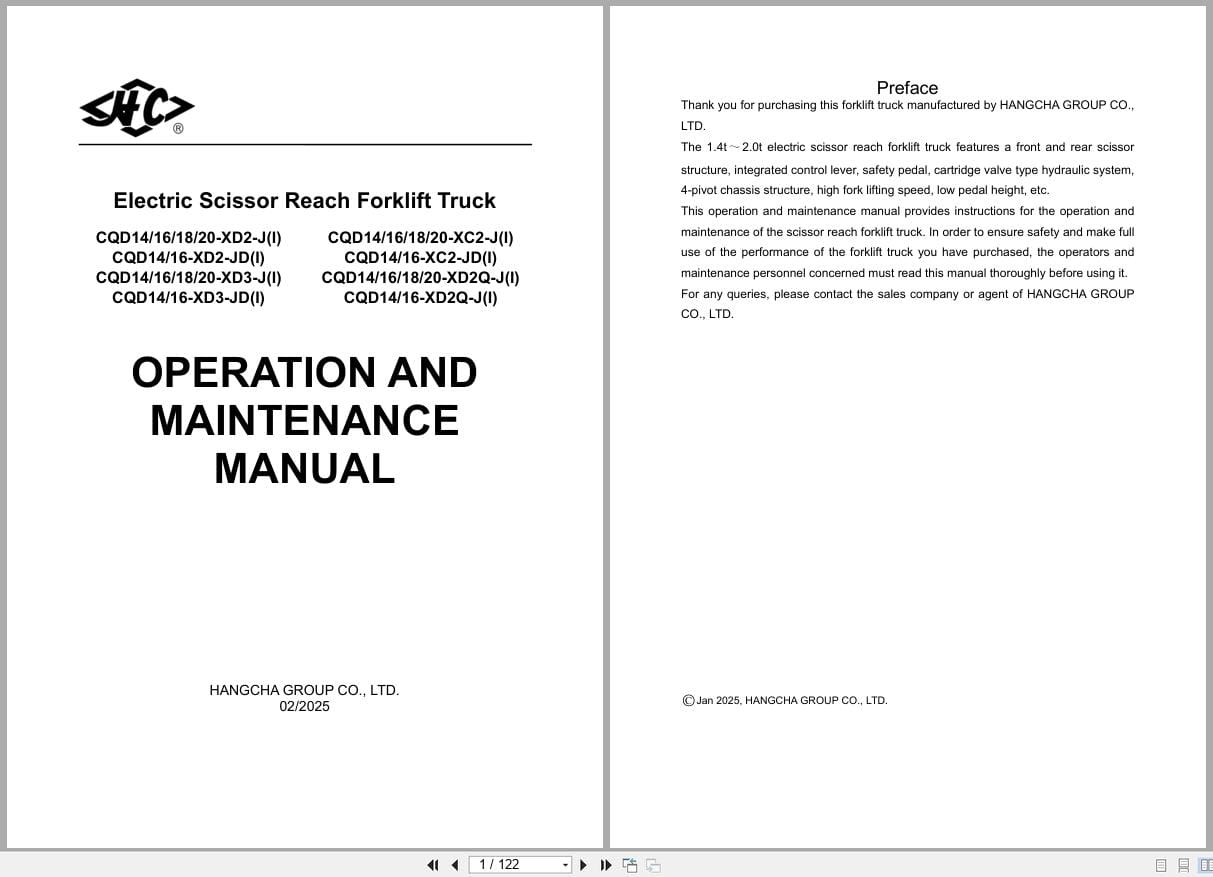 Hangcha X Series 1.4t-2.0t CQD14-XD2-J to CQD20-XD2Q-J Operation Maintenance Manual 2025 EN
