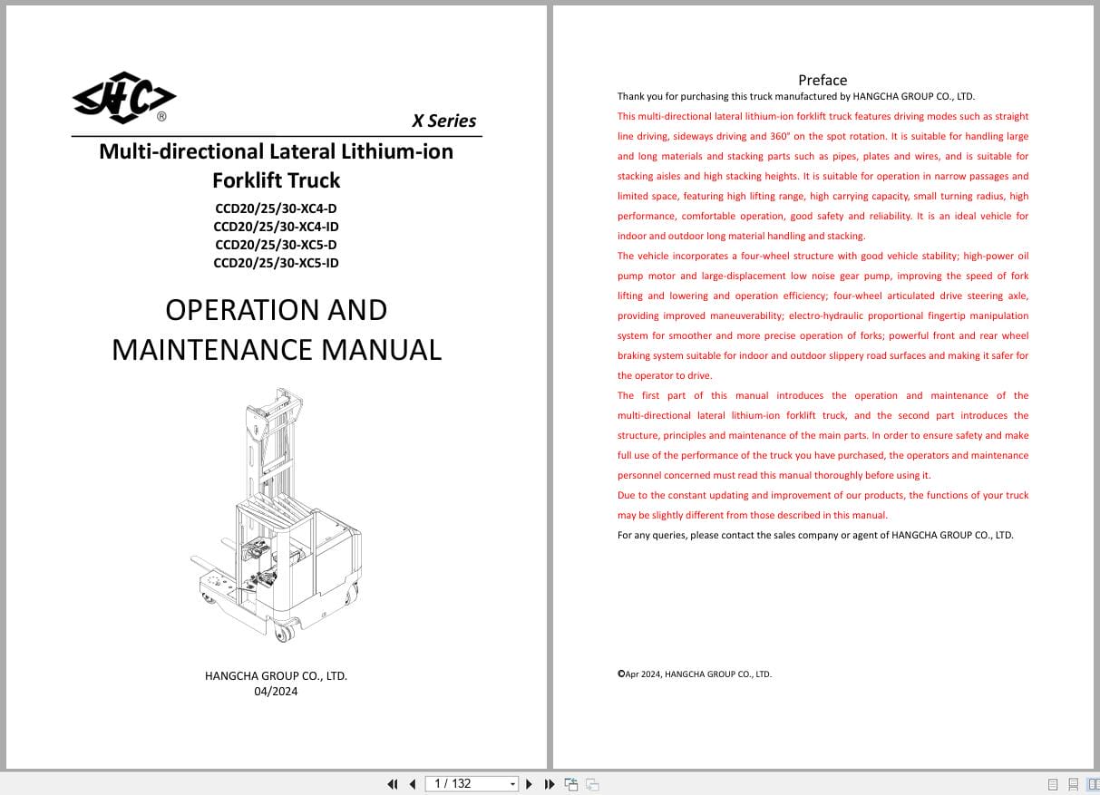 Hangcha X Series 2.0t-3.0t CCD20-XC4-D to CCD30-XC5-ID Operation Maintenance Manual 2024 EN