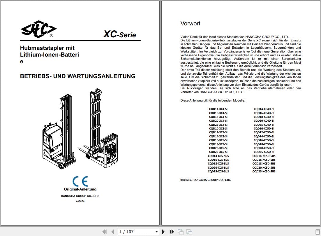 Hangcha XC Series 1.4t-2.5t CQD14-XC4-SI to CQD25-XC5D-SUS Operation Maintenance Manual 2023 DE