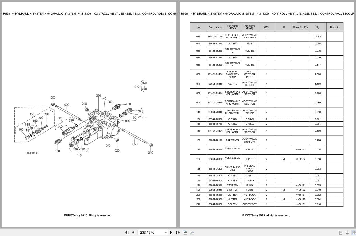 Kubota Excavator R520 Parts Catalog EN DE