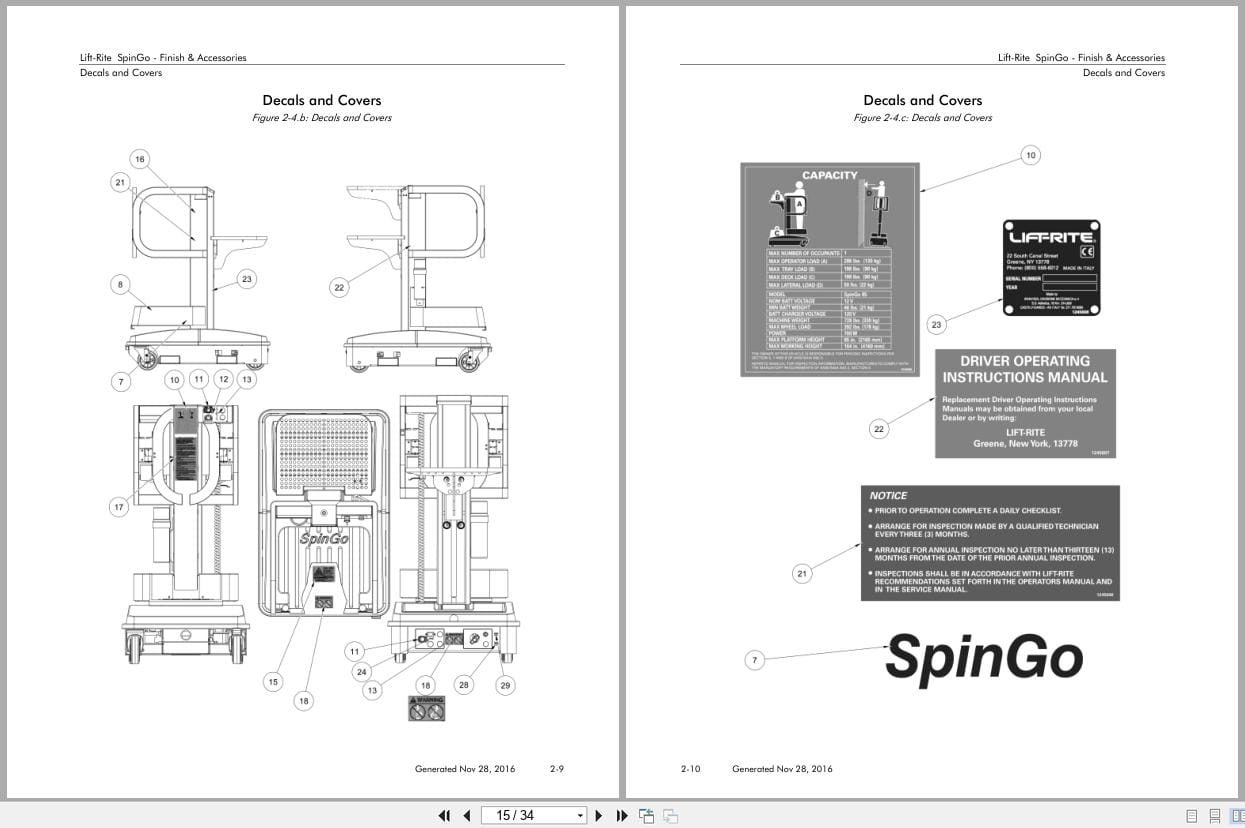 Liftrite Personnel Lifter SpinGo Parts Manual 2016