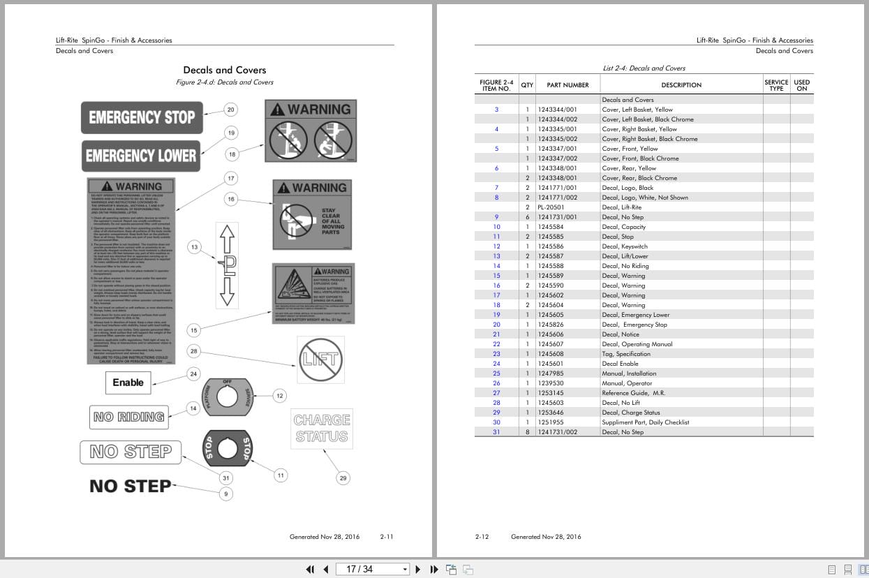 Liftrite Personnel Lifter SpinGo Parts Manual 2016