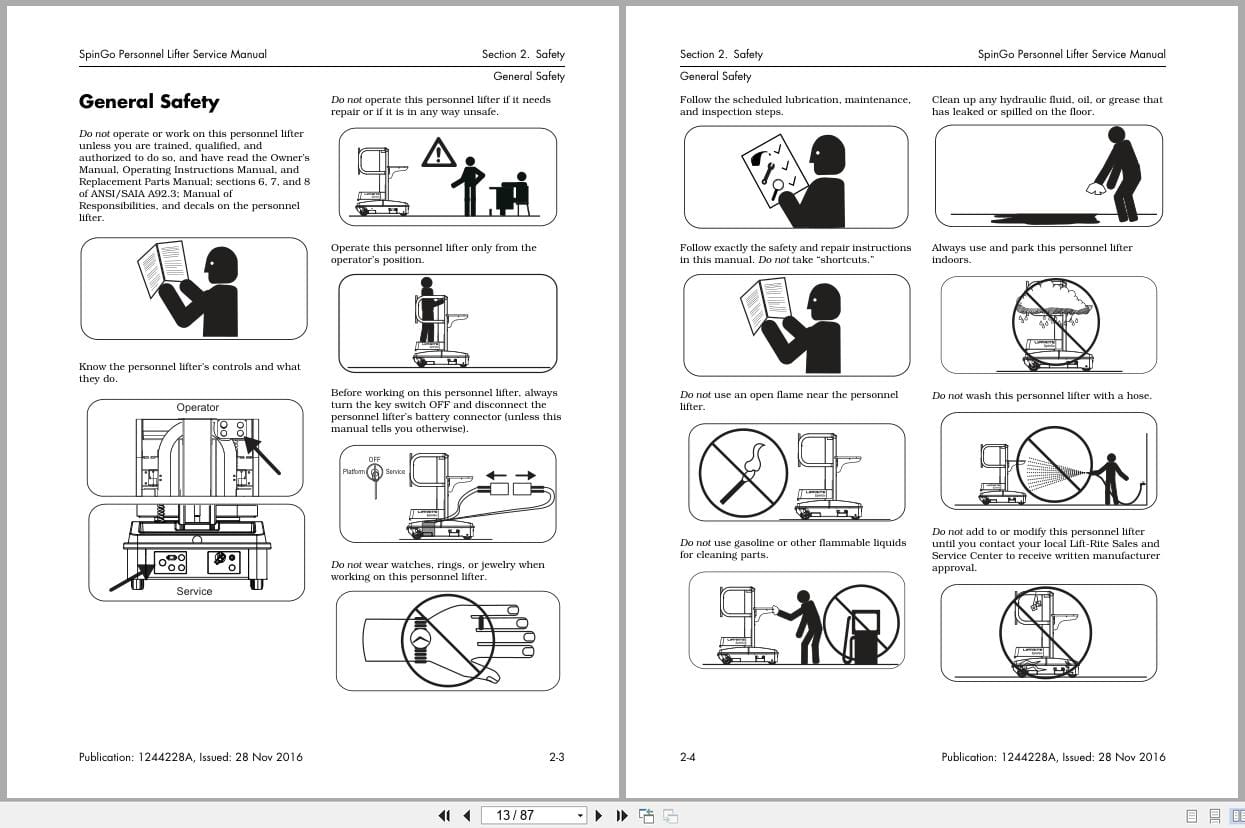 Liftrite Personnel Lifter SpinGo Service Manual 1244228A 2016