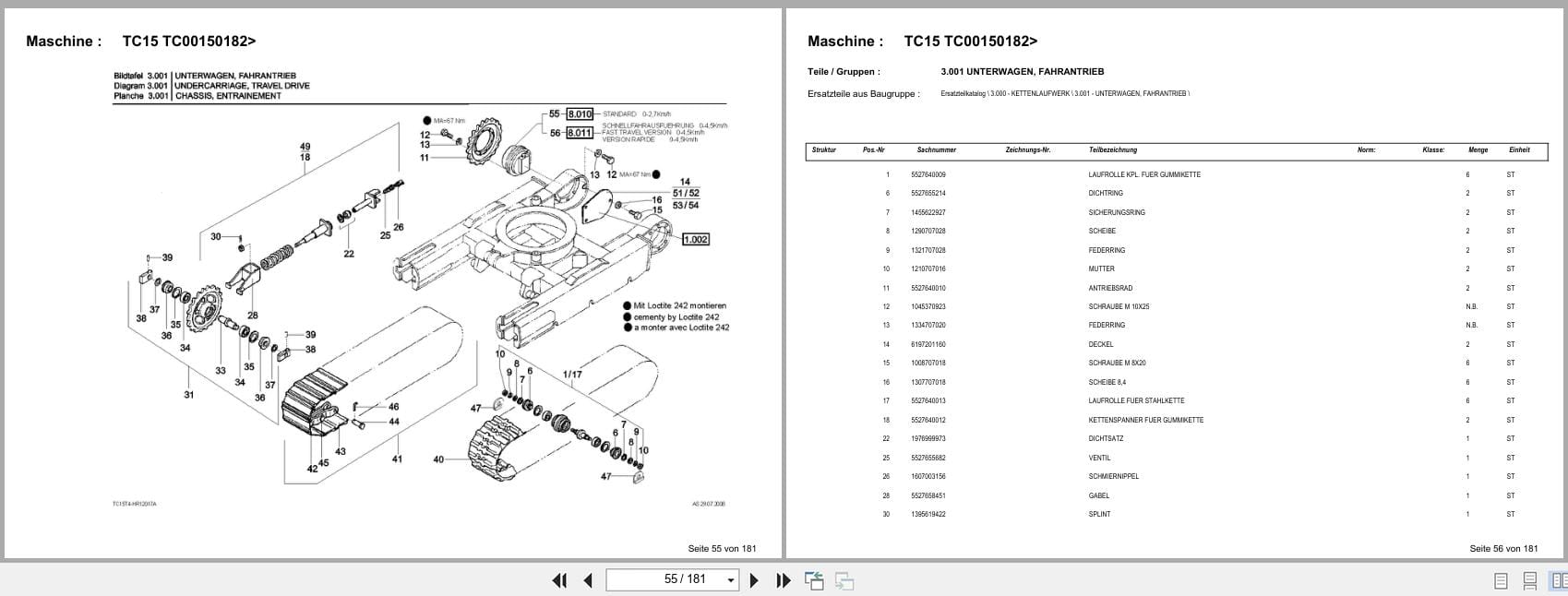 Terex Mini Excavator TC15 TC00150182- Spare Parts Catalog DE