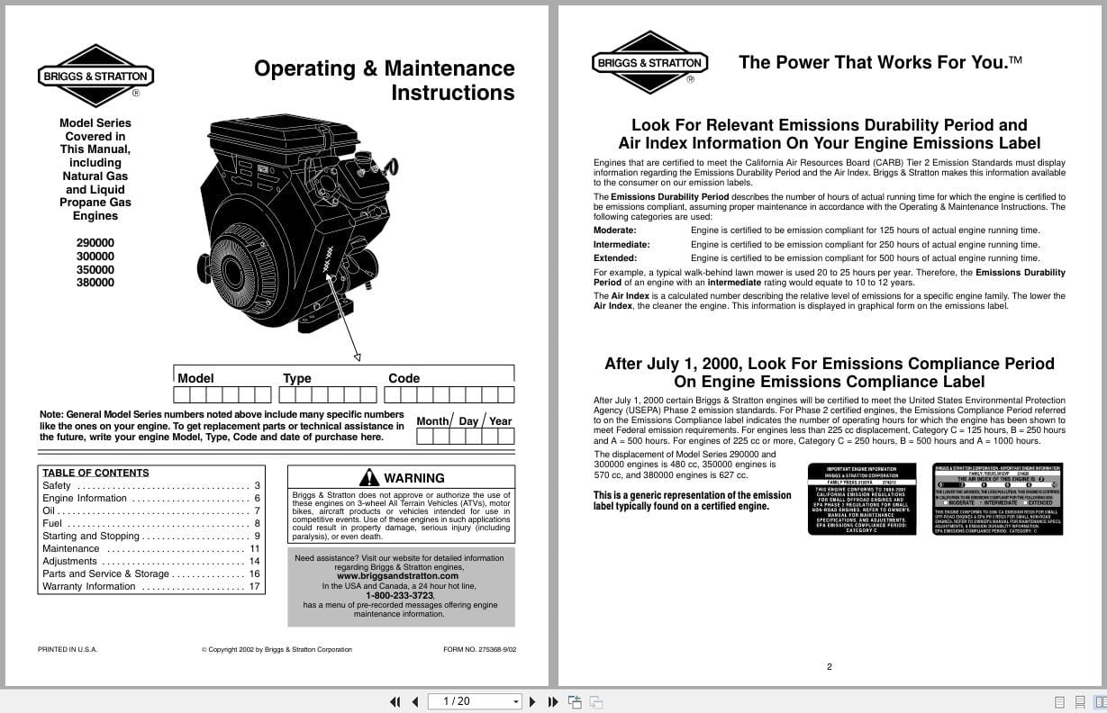 Briggs Stratton Engine 16HP 290000 To 380000 Operating Maintenance ...