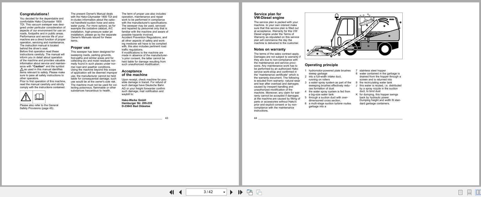 Hako Rider Sweeper Citymaster 1800 TDI Instruction Manual 88-10-2600 2005