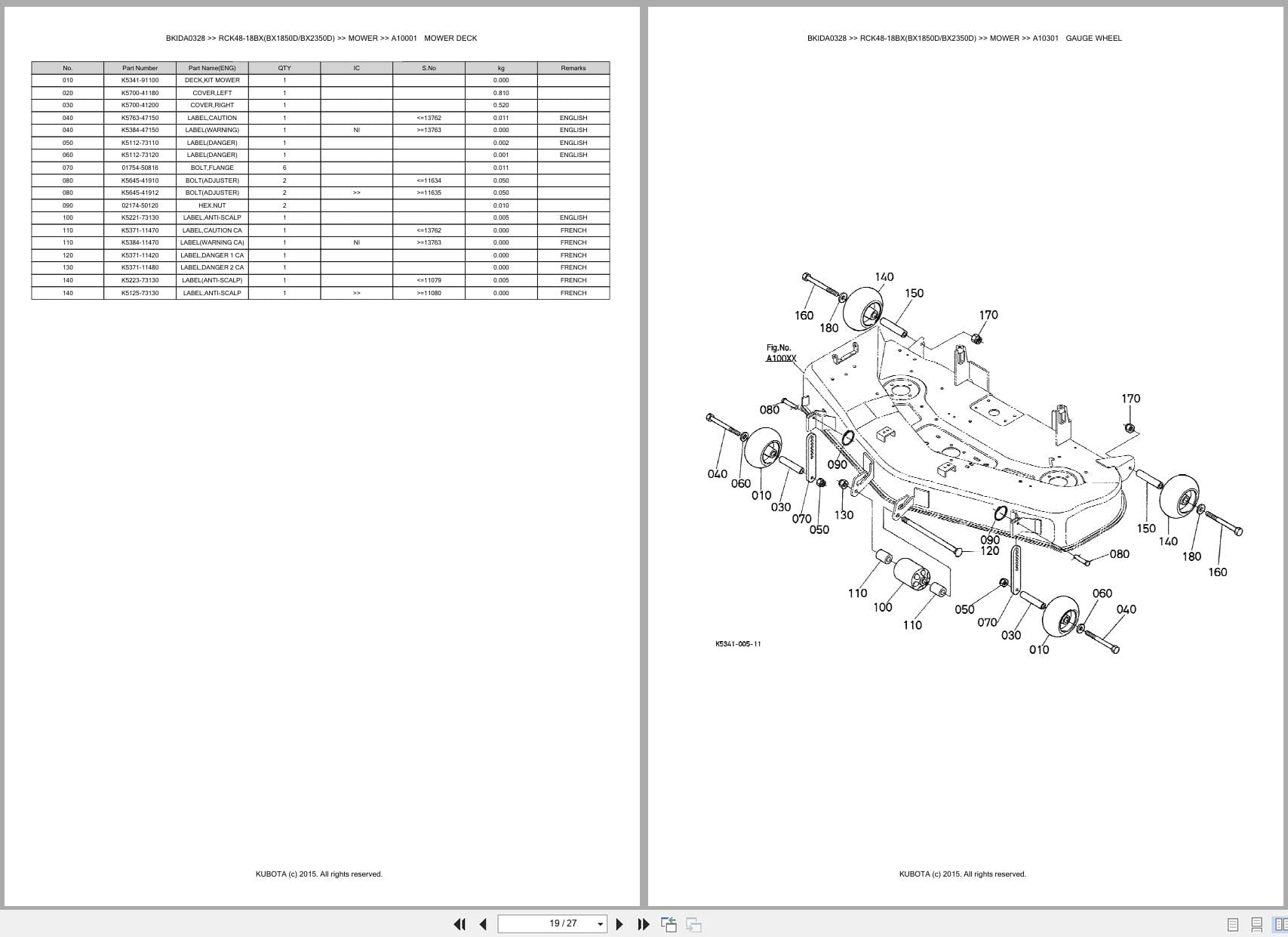 Kubota Mower RCK48-18BX(BX1850D BX2350D) Australia Parts Catalog
