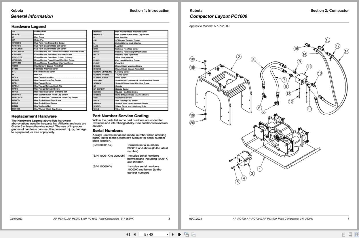 Kubota Plate Compactors AP-PC400 AP-PC700 AP-PC1000 Parts Manual 317-362PK