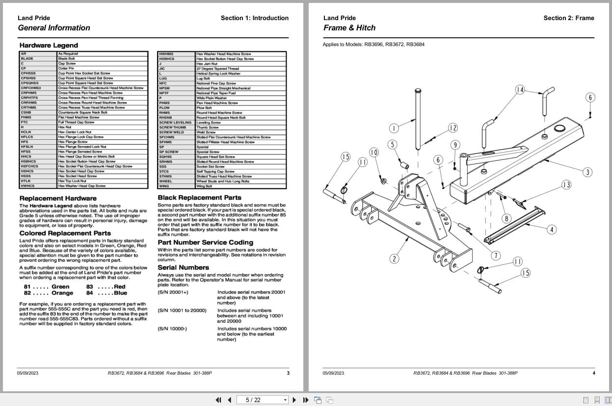 Land Pride Rear Blades RB3672 RB3684 RB3696 Parts Manual 301-388P