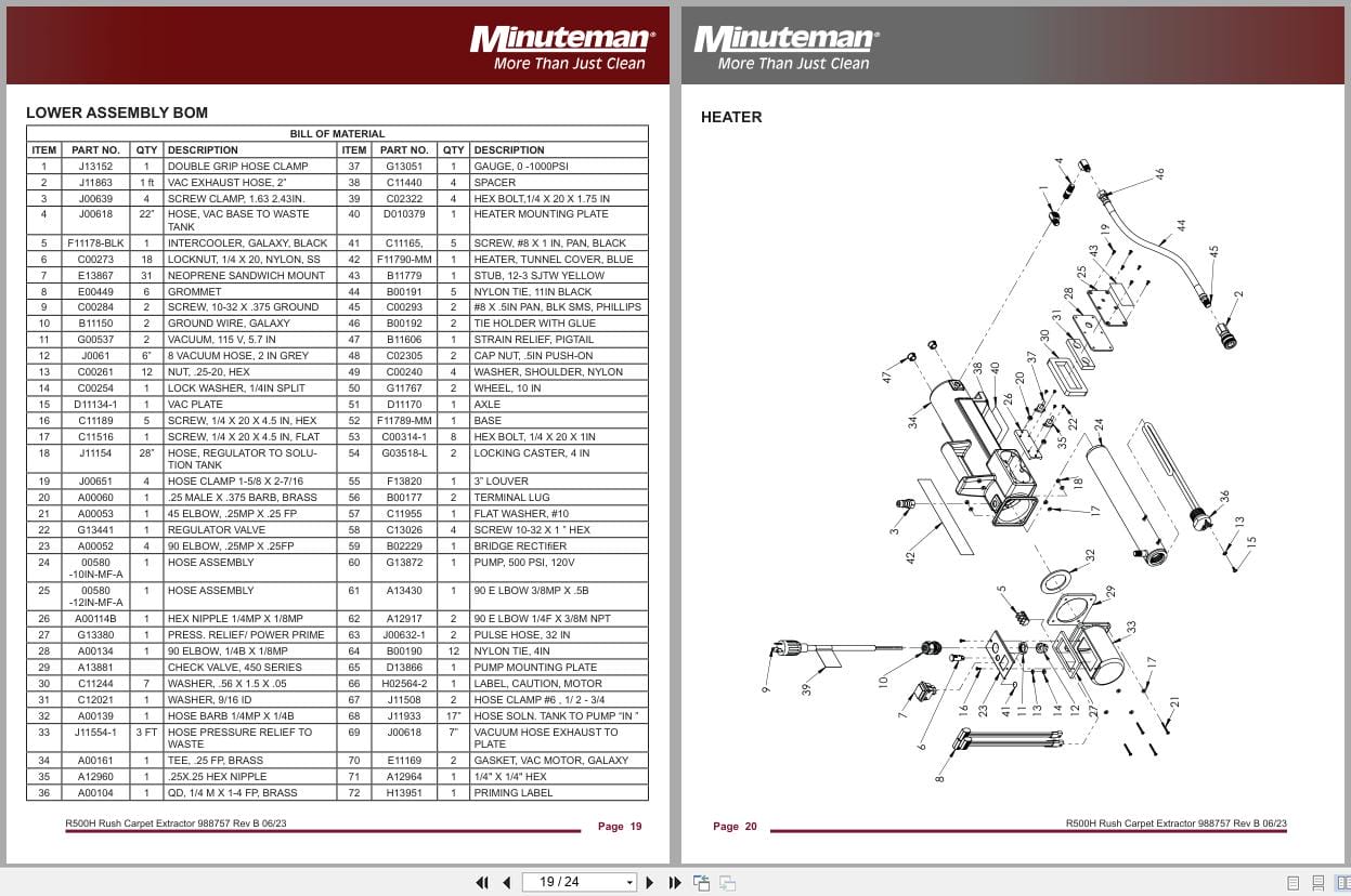 Minuteman Rush Carpet Extractor R500H Parts Instruction Manual 988757