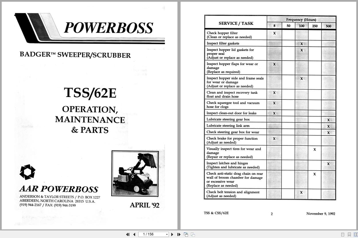 PowerBoss Badger Sweeper TSS-62E Operation Maintenance Parts