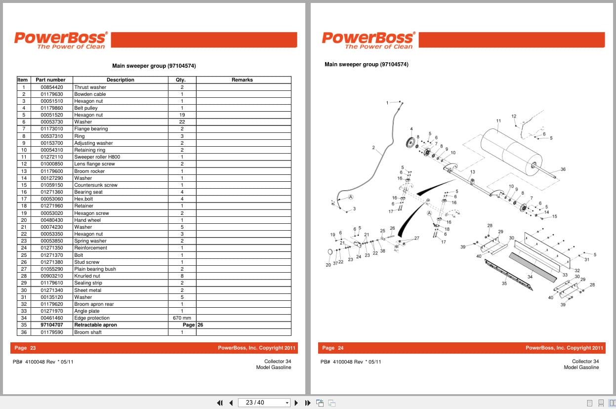 PowerBoss Gasoline Sweeper Collector 34 Parts Catalog 4100048 2011
