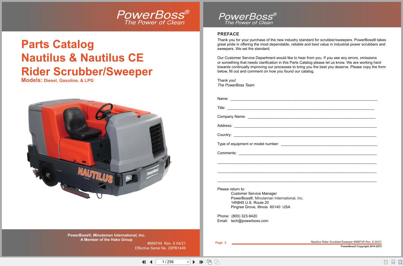 PowerBoss Nautilus Sweeper PB45DSL To PB45LPCE Parts Catalog 988749 2021