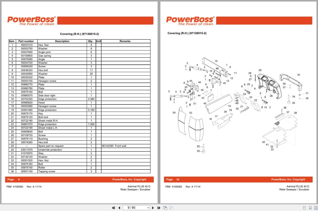 PowerBoss Rider Sweeper Admiral PLUS 40D Parts Catalog 4100060 2014