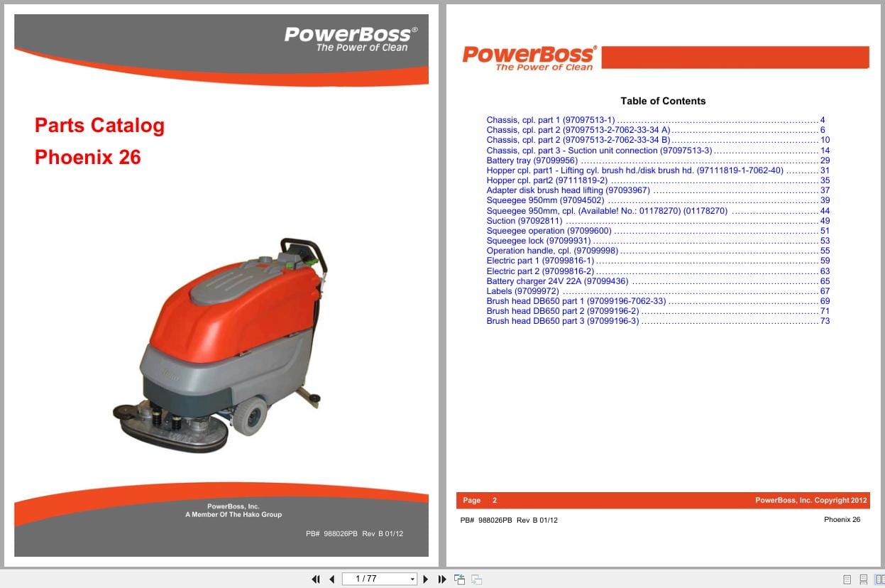 PowerBoss Scrubber Phoenix 26 Parts Catalog 988026PB 2012