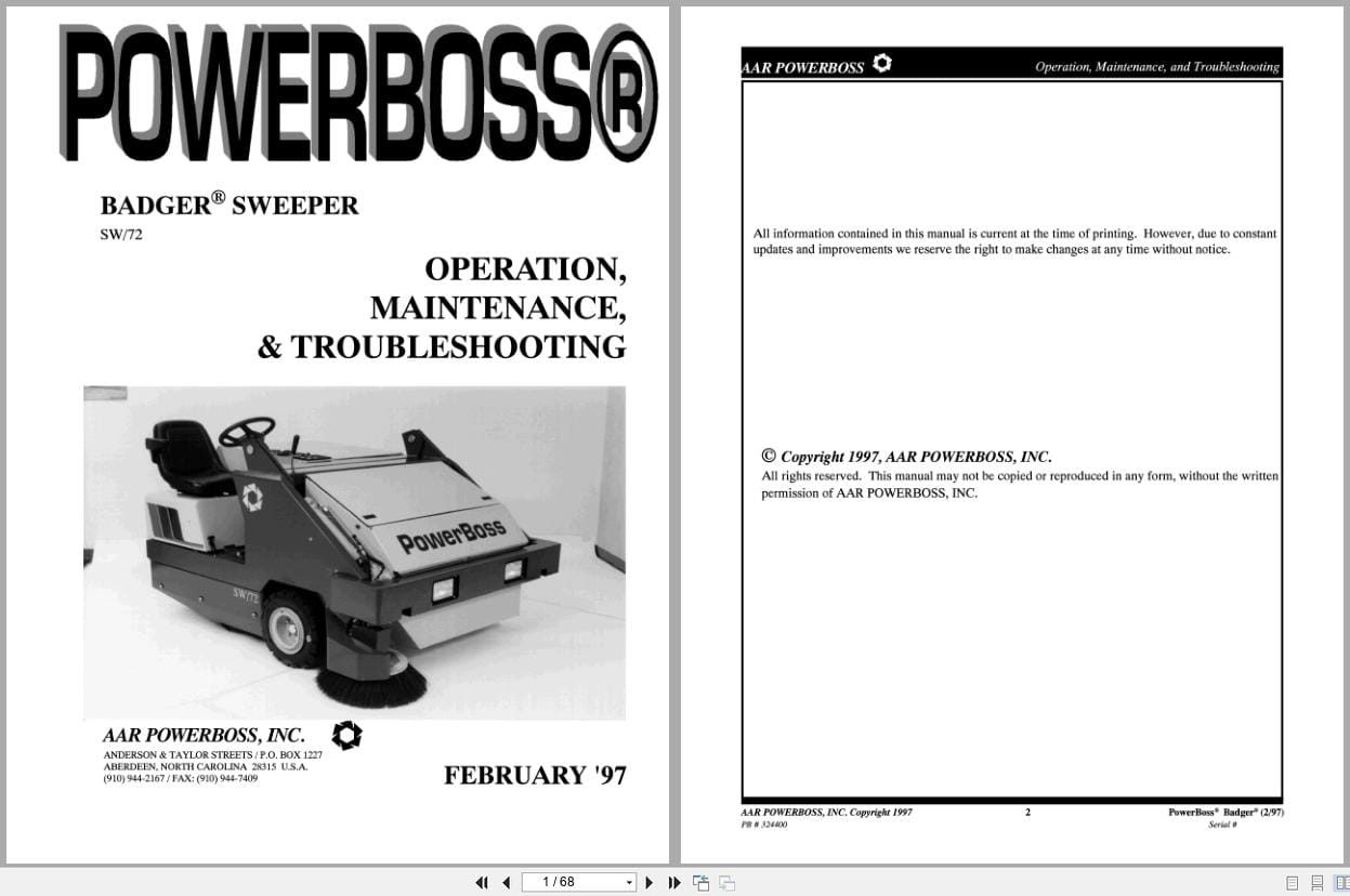 PowerBoss Sweeper SW-72 Operation Maintenance Troubleshooting Wiring ...