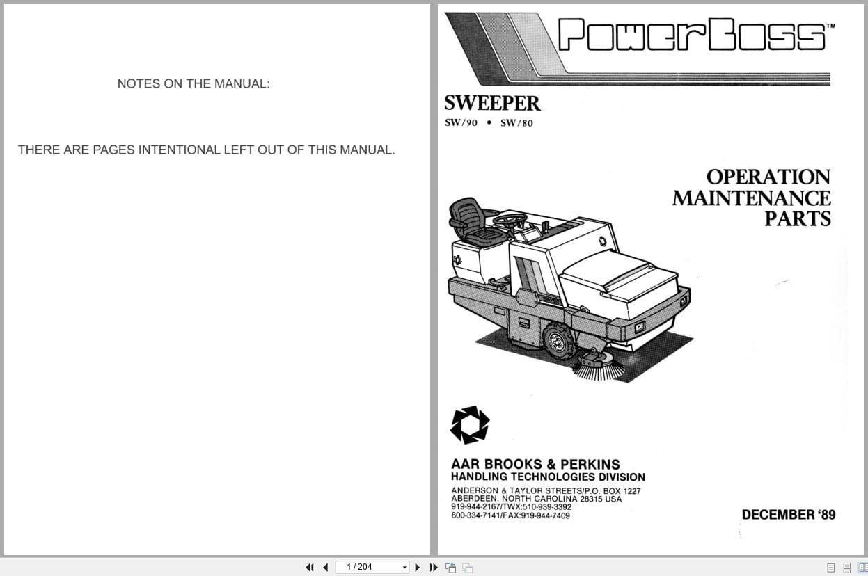 PowerBoss Sweeper SW-90 SW-80 Operation Maintenance Parts Manual