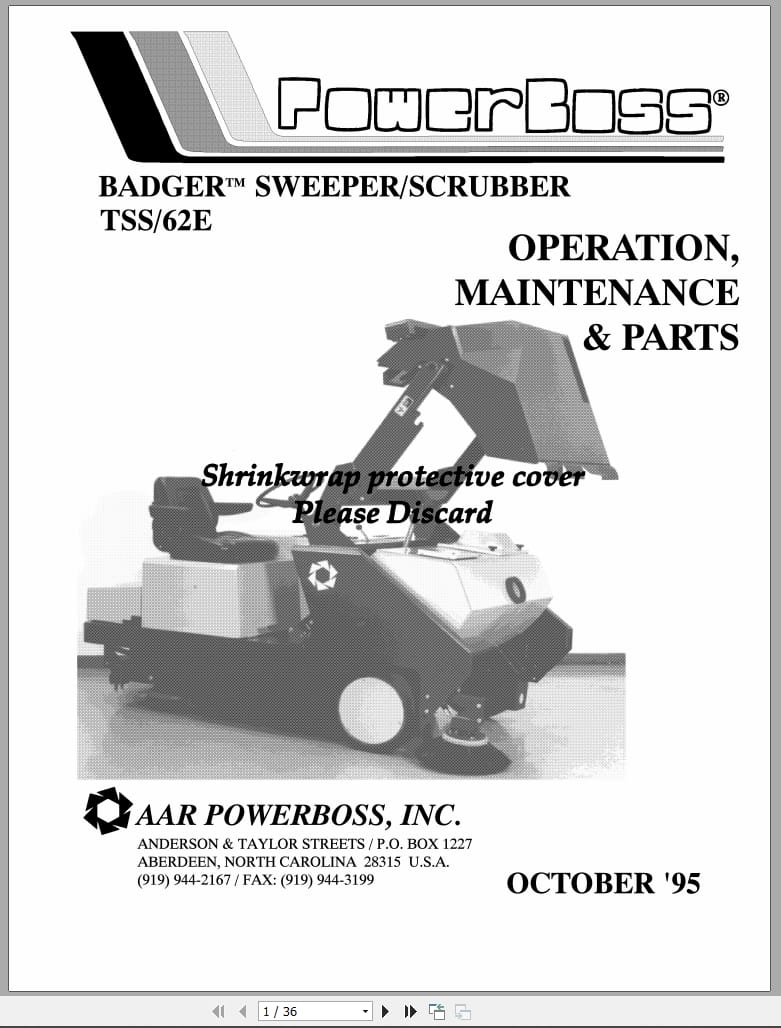 PowerBoss Sweeper Scrubber TSS-62E Operation Maintenance Parts