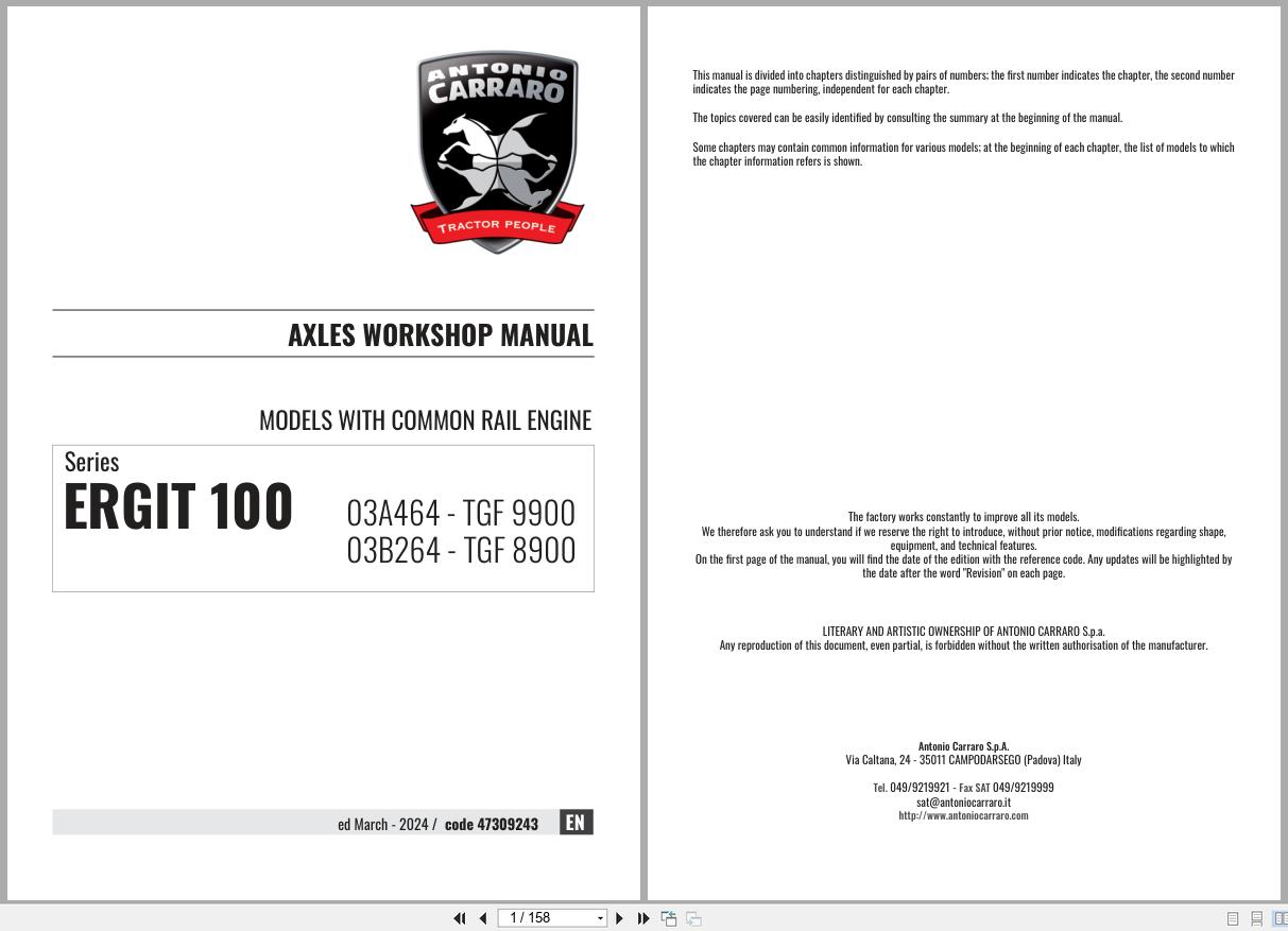 Antonio Carraro Tractor ERGIT 100 TGF9900 TGF8900 Axles Workshop Manual ...