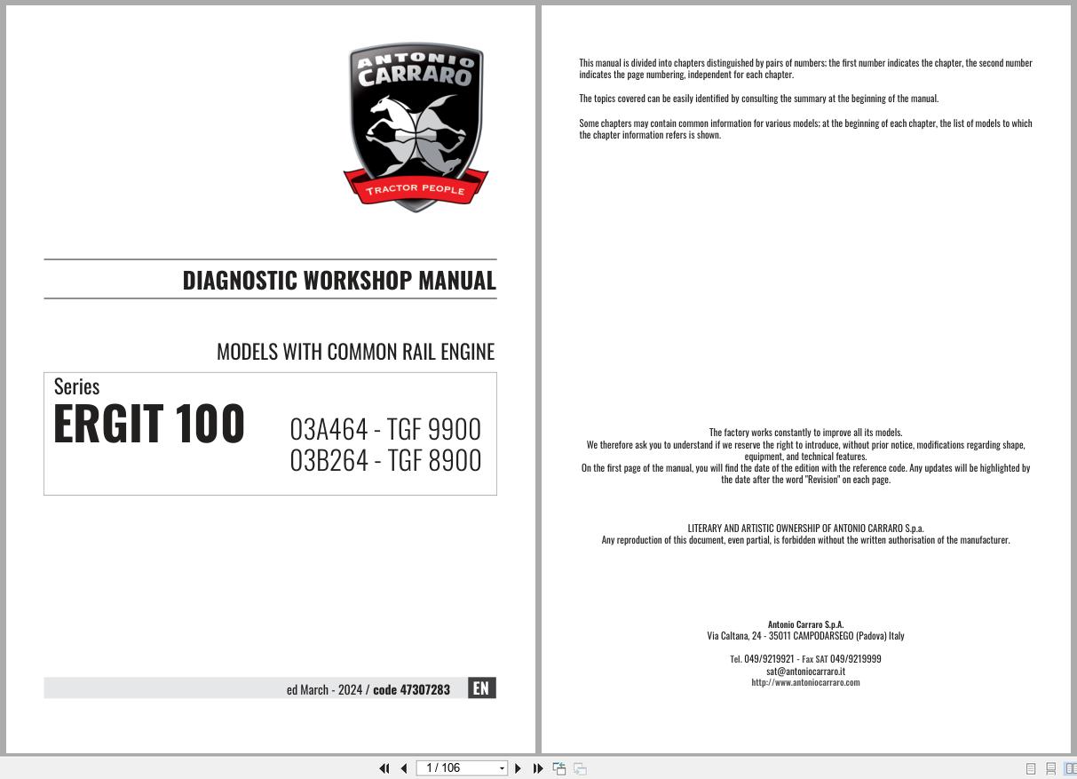 Antonio Carraro Tractor ERGIT 100 TGF9900 TGF8900 Diagnostic Workshop ...
