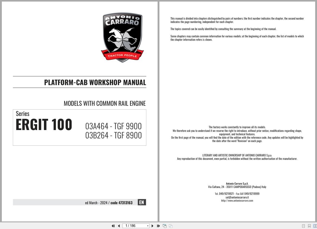 Antonio Carraro Tractor ERGIT 100 TGF9900 TGF8900 Platform Cab Workshop ...